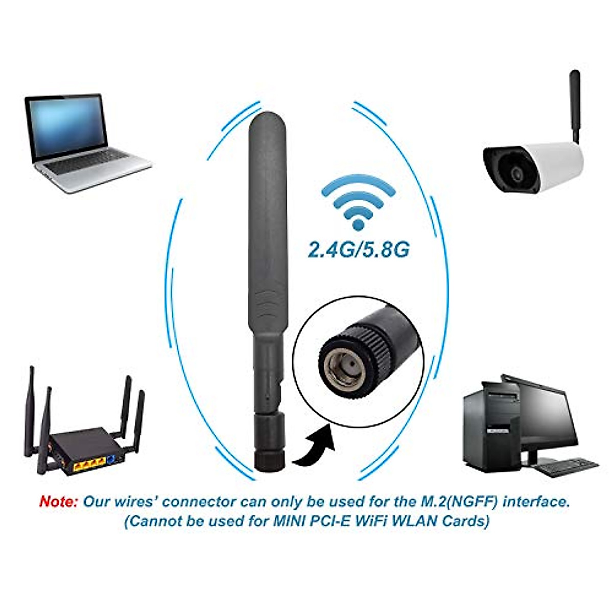 WiFi Antenna 8dBi Omni RP-SMA Male 2.4Ghz 5.8Ghz Dual Band + 20cm U.FL IPEX MHF4 to RP SMA Female Extension Cable for M.2 NGFF Card Notebook Drone 2 Pcs