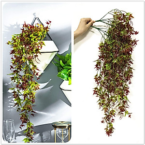 Fake Hanging Plants Artificial Vine, Plastic Ivy Greenery Christmas Garland Faux Vines Grass Flowers Leaves Home Garden Outdoor Indoor Party Wedding DIY Bedroom Wall Decor Decoration - Red 2 Bundles