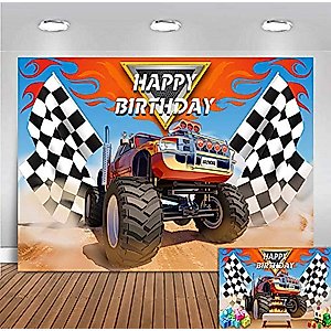 Monster Truck Backdrop Photography Photo Booth Props Children Happy Birthday Banner Supplies Grave Digger Speed Checkered Flag Photo Background Baby Shower Cars Party Decoration 5x3ft Vinyl