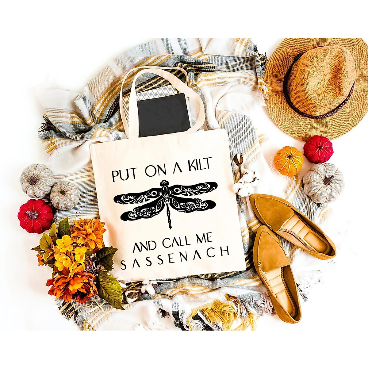 GXVUIS Dragonfly Canvas Tote Bag for Women Put on a Kilt and Call Me Sassenach Reusable Grocery Shopping Bag Outlander Gift White