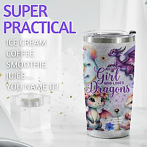 Onebttl Dragon Gifts for Girls, Dragon Coffee Travel Mug for Dragon Lovers, Women, Daughter - Just A Girl Who Loves Dragons - Stainless Steel 20Oz Tumbler, Glitter