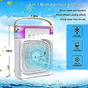 Portable Air Conditioner Fan,Personal Mini Small Evaporative Air Cooler with AC adapter,Desktop Cool Humidifier with 7 Colors LED Light,1/2/3 H Timer,3 Speeds & 3 Spray for Room Office Home Travel