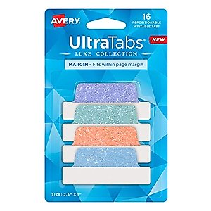 Avery Margin Ultra Tabs, 2.5" x 1", Pastel Sparkle Shimmer Designs, 16 Repositionable Page Tabs (74150)