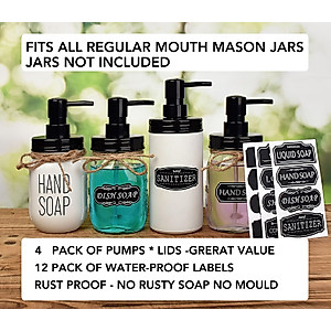 Elwiya Rustic/Farmhouse Mason Jar Soap Dispenser Lid and Pump Rust Proof, Black Plastic Dispenser Lid for 16 oz Regular Mouth Mason Jar Decor - 4 Pack