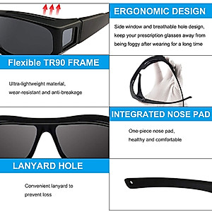 JIANGTUN Fit Over the Glass Sunglasses Warp Around OverSized Polarized Sun Glasses UV Protection, Size M Black Frame Grey Lens