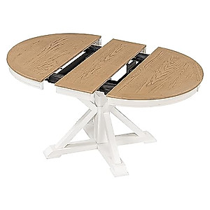 Dinehome 5-Piece Retro Style Extendable Round Dining Table Set with 4 Upholstered Chairs, Oak Natural Wood + Off White