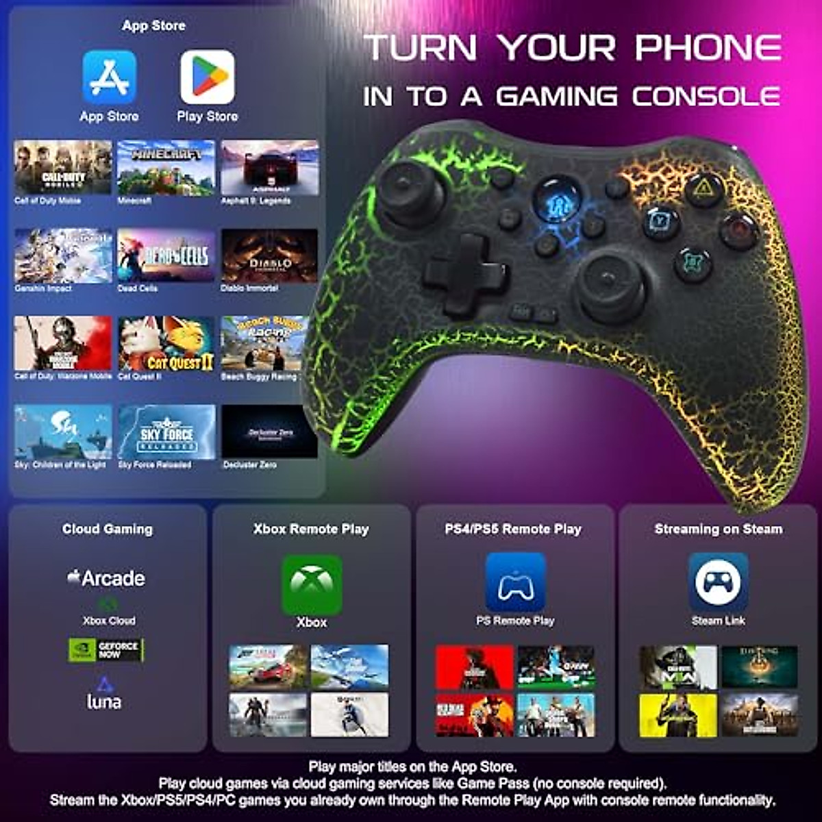 Joso Wireless Controller, Phone Controller for Gaming RGB Light, Game Controller for Switch/PC/iPad/Tablet/Android/iPhone Game Controller with Phone Clip, Custom Buttons, Macro, Turbo, Dual Vibration