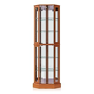 BELLEZE Lighted Curio Cabinet Corner Display Case for Living Room, China Hutch with Tempered Glass Doors and Shelves, Wooden Accent Cabinet, Bar and Liquor Storage Area - Ashfield (Oak)