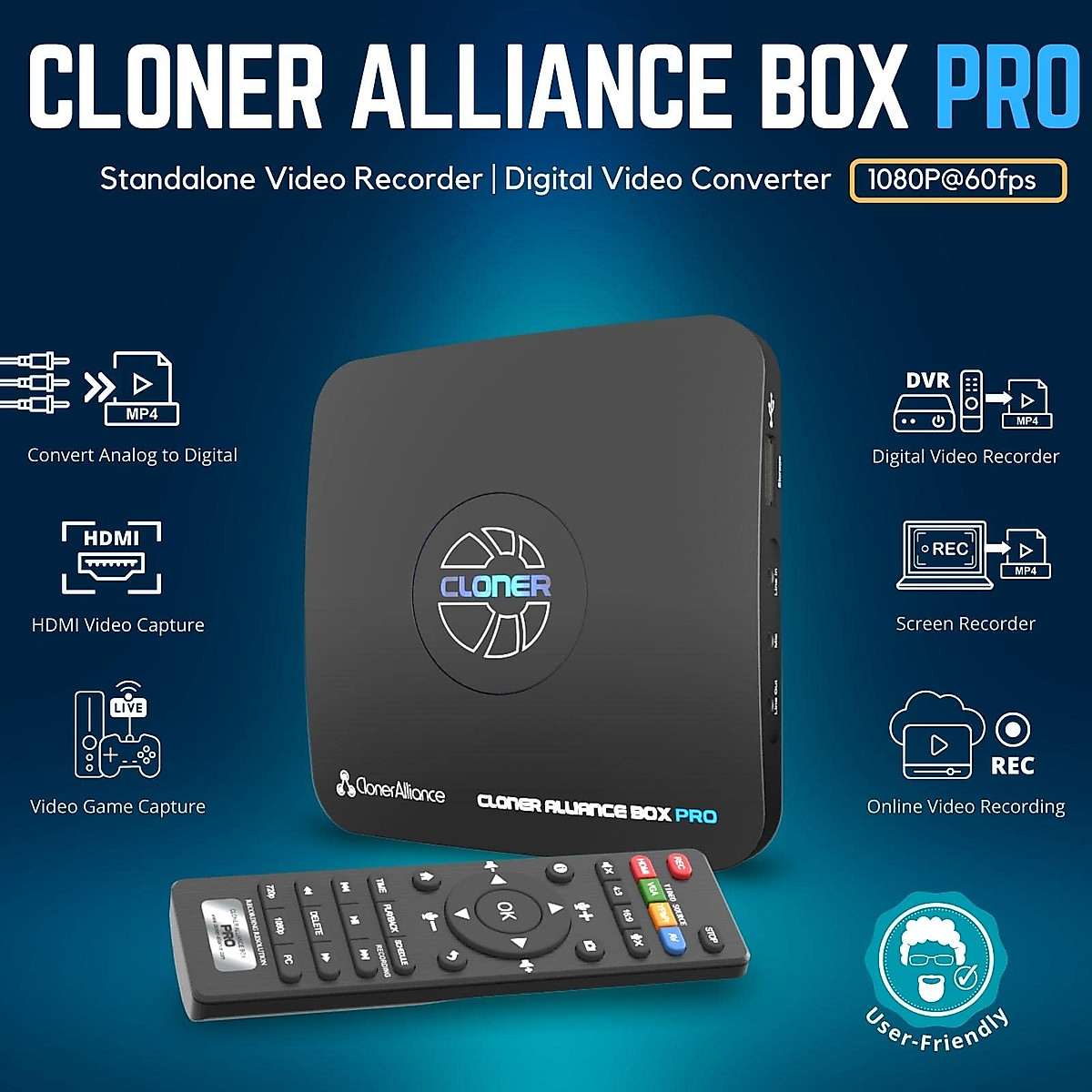 ClonerAlliance Box Pro, 1080p@60fps Video Recorder, DVR with HDMI Capture, Playback on TV. RCA/YPbPr/VGA to Digital Converter. Schedule Recording. No PC Required.