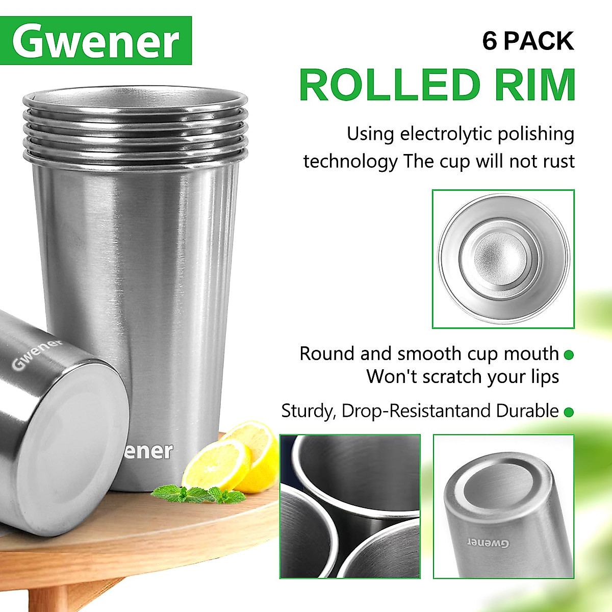 Gwener Stainless Steel Cups, Premium Metal 16 oz Pint Tumbler Stackable Metal Drinking Glasses for Adults or Kids Travel Outdoor Camping(16 oz/ 473 ml)