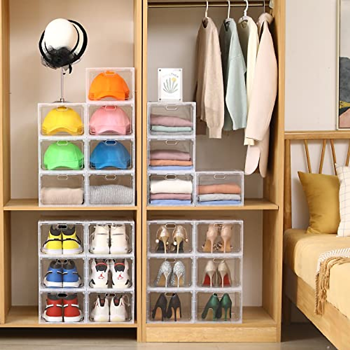 INSTY Shoe Boxes, Set of 12, Stackable Clear Plastic Shoe Storage Boxes, Drop Front Shoe Box with Lids,Shoe Organizer Containers for Sneaker Display, Fit up to US Size 12(13.4”x 9.8”x 7.1”)