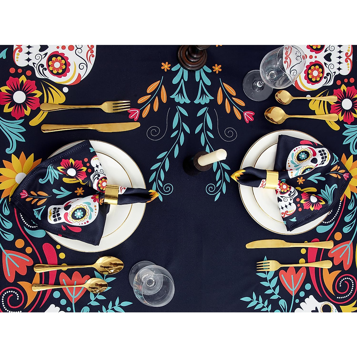 YiHomer Day of The Dead Halloween Tabletop - Dia De Los Muertos Floral Skeleton Mask, Cinco De Mayo Mexican Fiesta Party Home Kitchen Dining Room Decor, Sugar Skull, Tablecloth, 52 x 52 Square