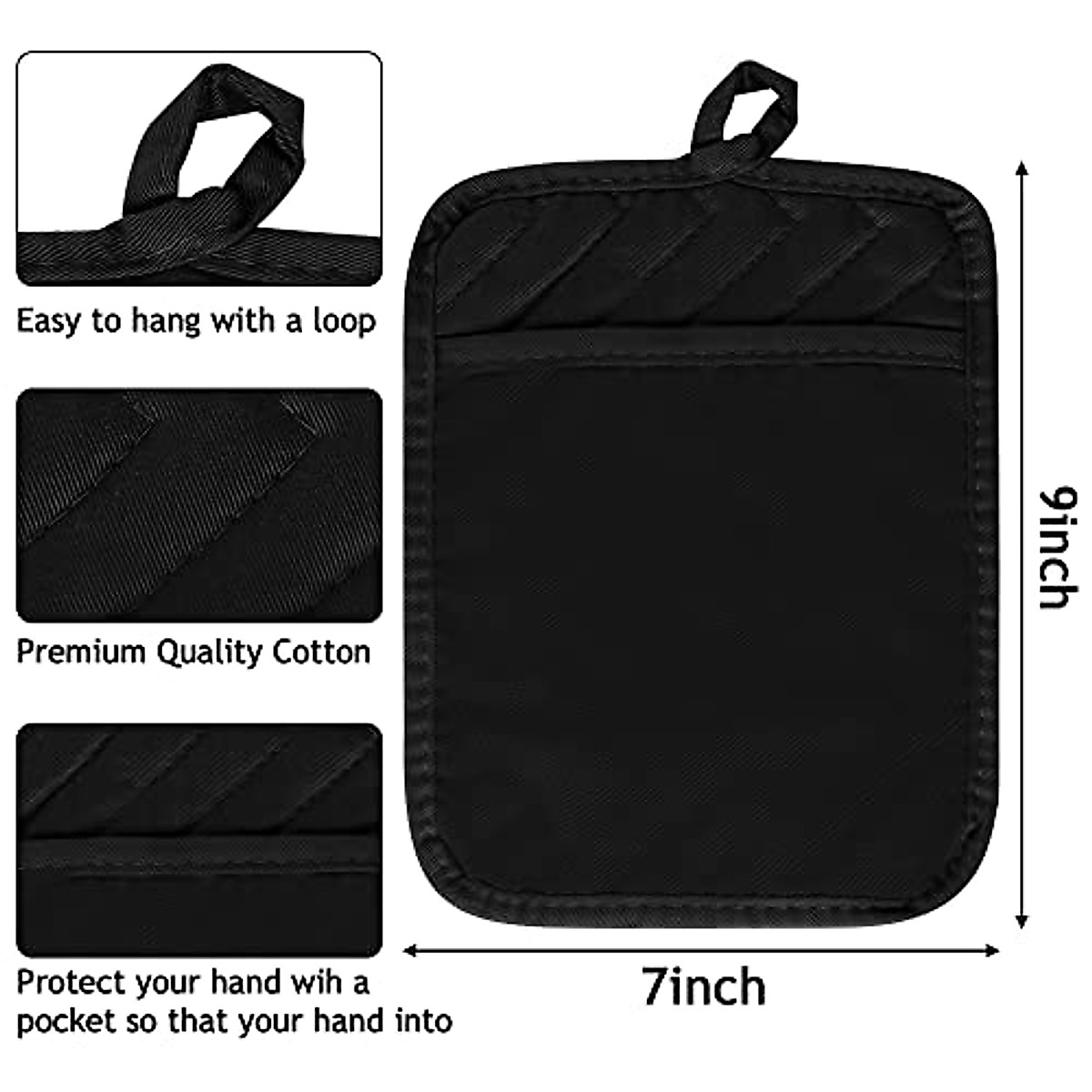 R HORSE 6Pcs Pot Holder with Pocket for Kitchen Black Pocket Pot Holder Set Cotton Heat Resistant Potholder Terry Cloth Coaster Kitchen Hot Pad Oven Mitts Hot Pads Trivet for Baking Cooking 7''x9''