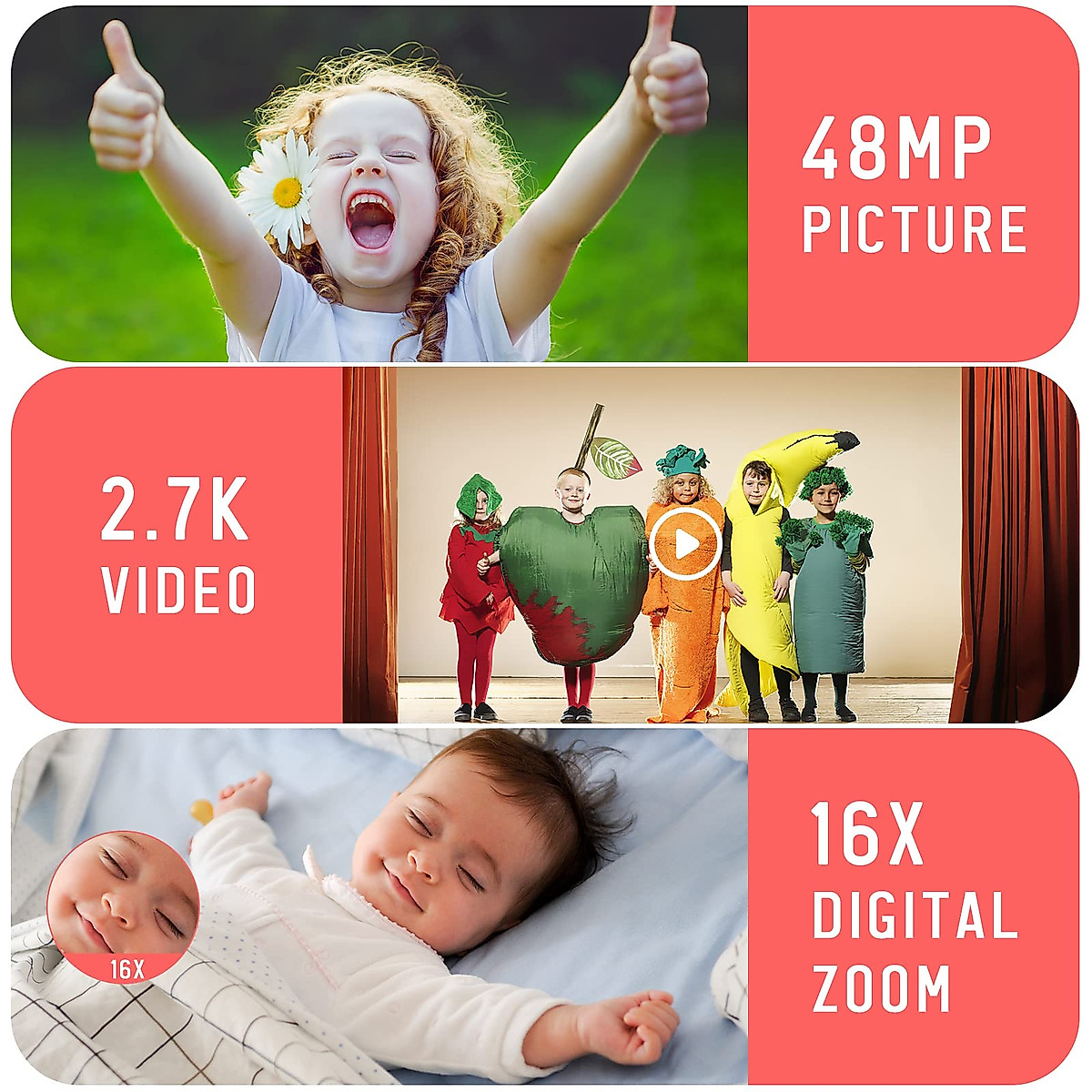 JHAMAL Digital Camera, Kids Camera for Teens Boys and Girls, 48MP 2.7K Digital Camera with 16X Digital Zoom, 32 GB SD Card and 2 Batteries Included (Red)