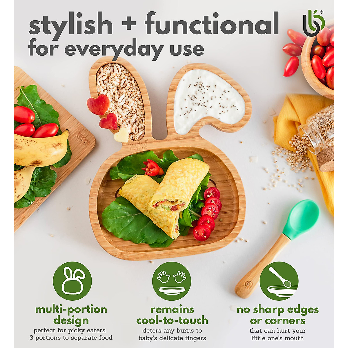 Bamboo Baby Plate with Suction - Kids and Toddler Suction Cup Plate for Babies, Non-toxic All-Natural Bamboo Baby Food Plate Stays Cool to the Touch for Baby-Led Weaning (Bunny-Orange)