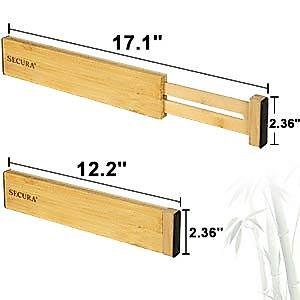 Secura 𝗕𝗮𝗺𝗯𝗼𝗼 𝗗𝗿𝗮𝘄𝗲𝗿 𝗗𝗶𝘃𝗶𝗱𝗲𝗿𝘀 𝗢𝗿𝗴𝗮𝗻𝗶𝘇𝗲𝗿 4-Pack, 𝗔𝗱𝗷𝘂𝘀𝘁𝗮𝗯𝗹𝗲 Drawer Separators Expandable from 12.0-17.1 inches for Kitchen, Office, Bathroom, Closet, Dresser