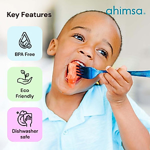 Ahimsa Stainless Steel Forks & Spoons | Cutlery Set | Kids Utensil Set | 100% BPA Free & Dishwasher Safe (Iridescent Blue)
