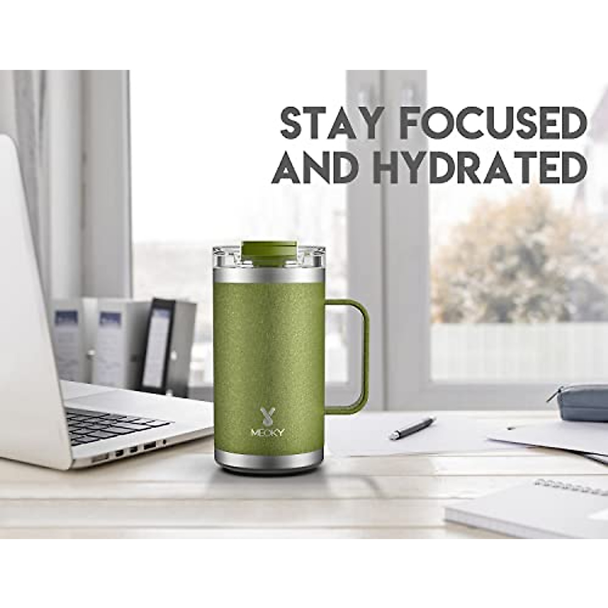 Meoky 20oz Insulated Coffee Mug with Lid and Handle, 100% Leak Proof Stainless Steel Coffee Cup with Tritan Lid, Double Wall Vacuum Coffee Tumbler with Handle (Forest)