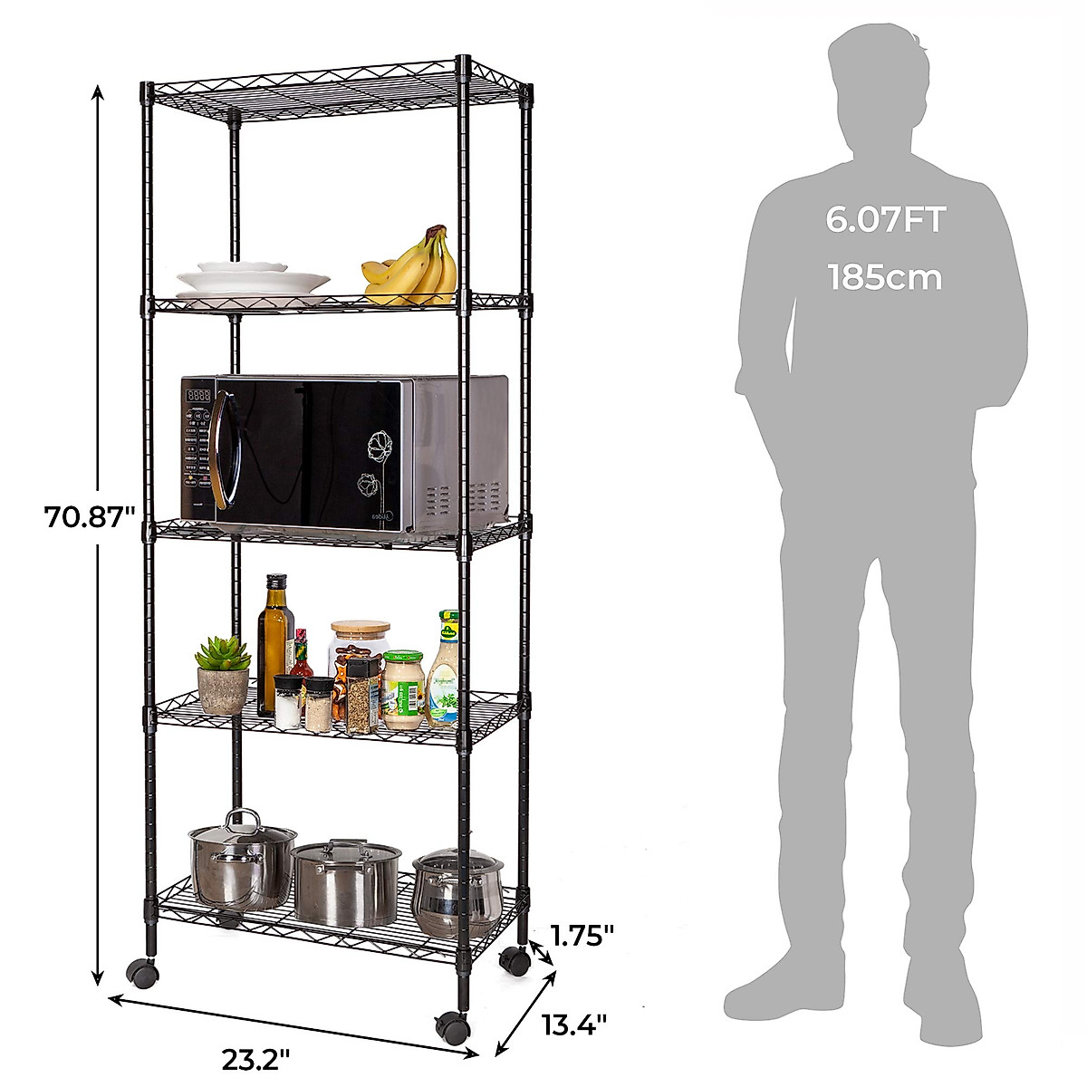 JS HANGER Wire Shelving Unit, 5-Tier Heavy Duty Height Adjustable Rolling Metal Shelves for Storage, 550 lbs Capacity, 23.23''W X 13.4''D X 71''H, Black
