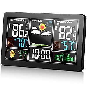 Weather Station Wireless Indoor Outdoor Thermometer, Humidity Temperature Monitor with Atomic Clock, Weather Forecast, Calendar and Alarm, Adjustable Backlight