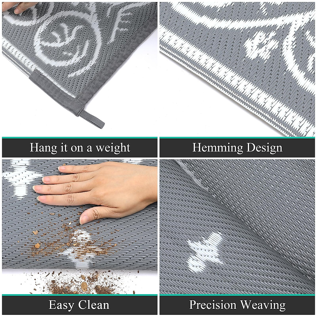 Bsmathom Reversible Outdoor Rugs Patio Rug 6'x9', Waterproof Plastic Straw Rug for Patios Clearance, RV Camping Rug Indoor Outdoor Area Rug for for Picnic, RV, Deck, Backyard, Balcony(Grey,6'x9')