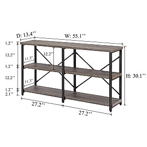 BON AUGURE Rustic Console Table Behind Sofa, Industrial Entryway Table with Storage Shelves, 3 Tier Long Bookshelf for Entry (55 Inch, Dark Grey Oak)