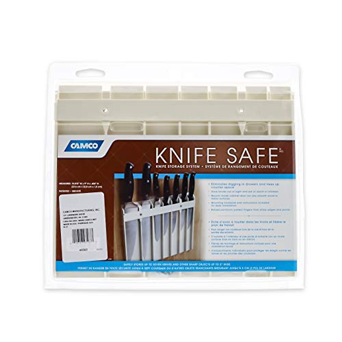 Camco Knife Safe - Securely Mounts on Wood or Metal Surfaces, Holds 7 Cooking and Carving Knives, Organize and Store Knives While Creating Space - (9" x 11") Beige (43583)