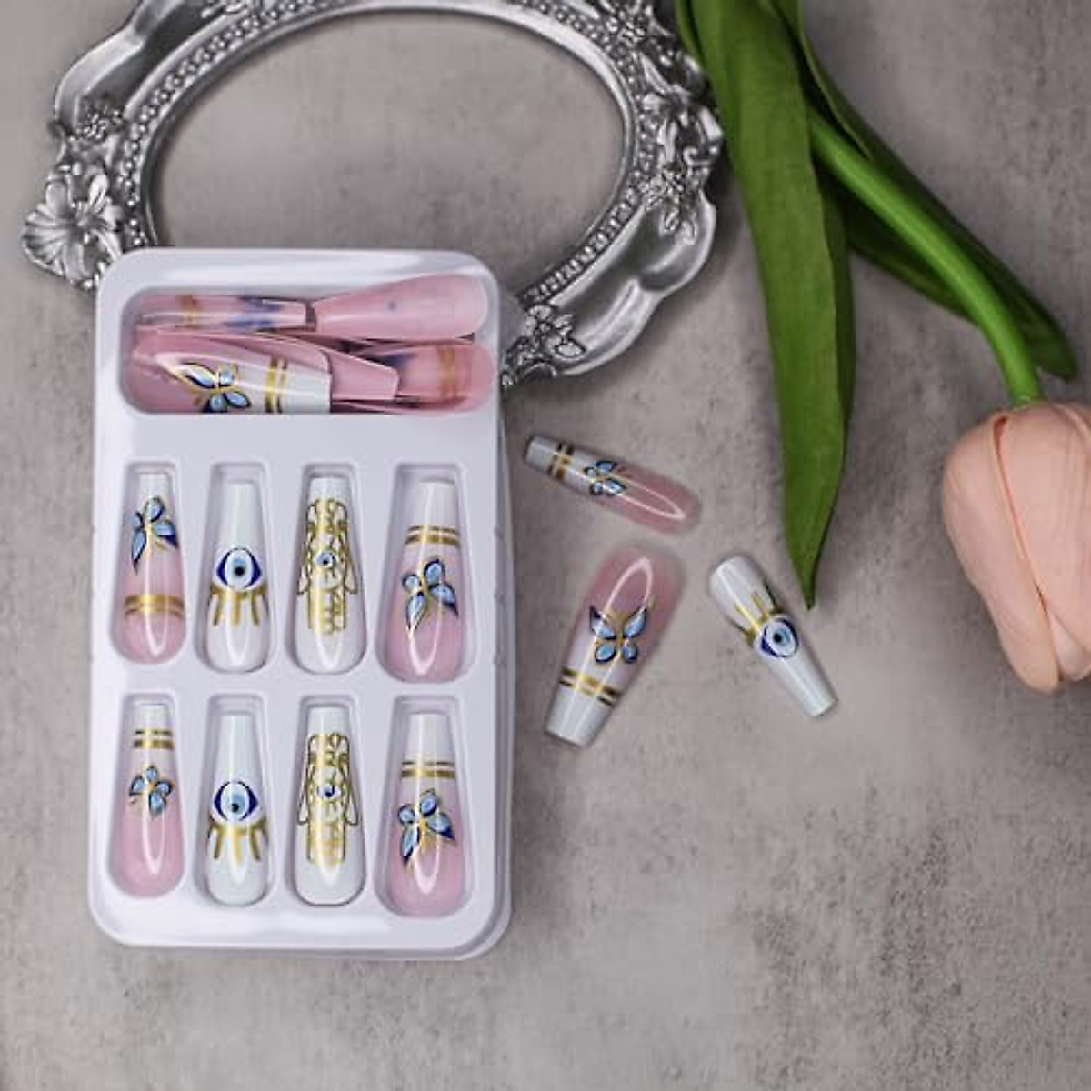 Fall Press on Nails Long Square Fake Nails with Eyeball and Butterfly Designs Acrylic Nails Autumn Glossy False Nails White Glue on Nails for Women 24PCS