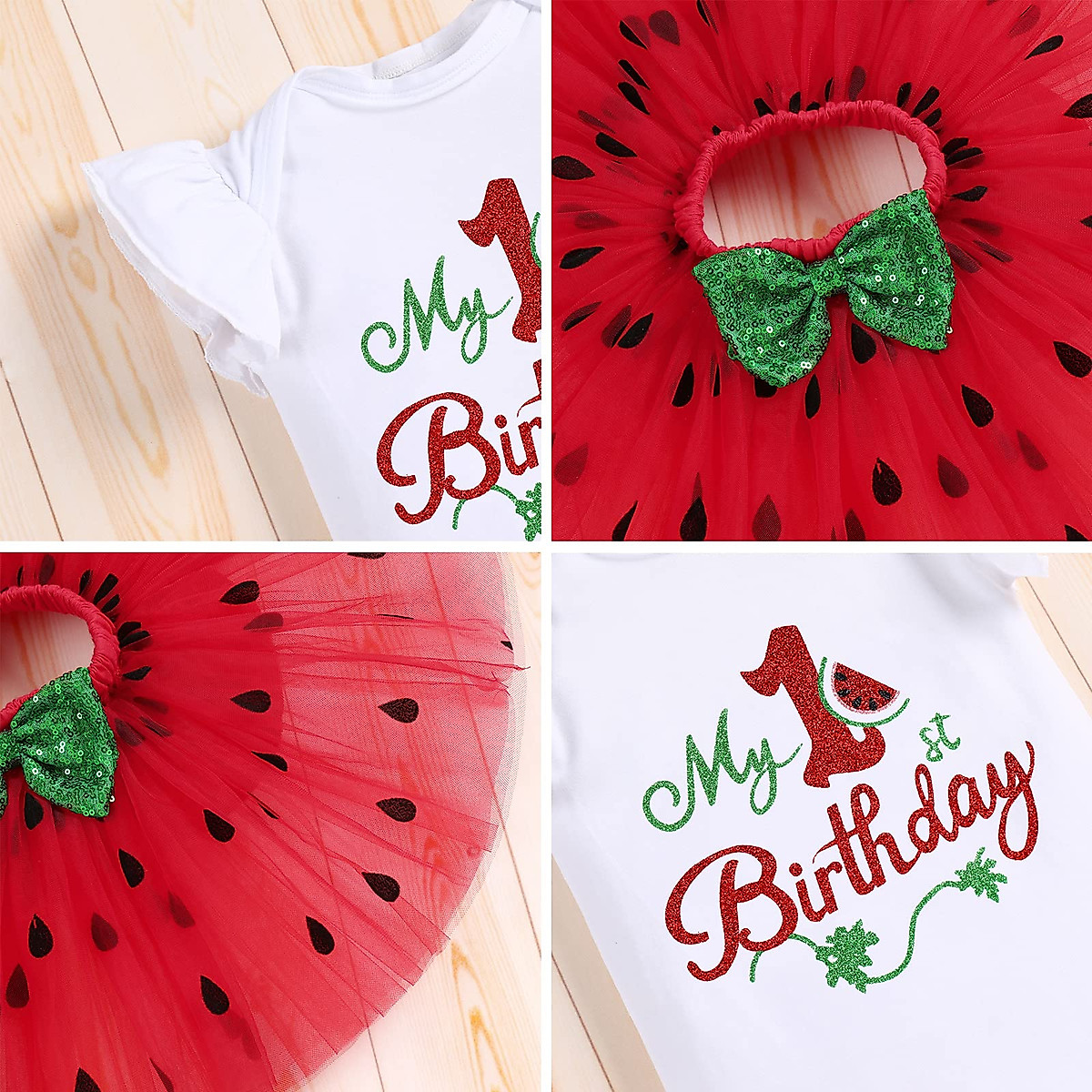 Newborn One Melon Baby Girl First Birthday Cake Smash Outfit Romper + Tutu Skirt/Shrots + Headband 3pcs Princess Formal Prom Clothing Set 0-3Months Clothes Playwear Red-My 1st Birthday 1T