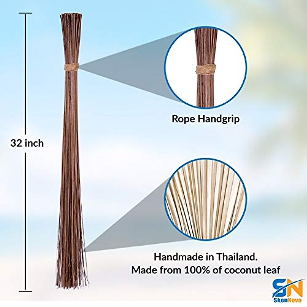SN SKENNOVA - 1 Piece of 32 inch Multi-Surface Sturdy Outdoor Authentic Coconut Leaf Broom Asian Heavy Duty Broom Thai Natural Coconut Leaf Broom (Country Rustic)