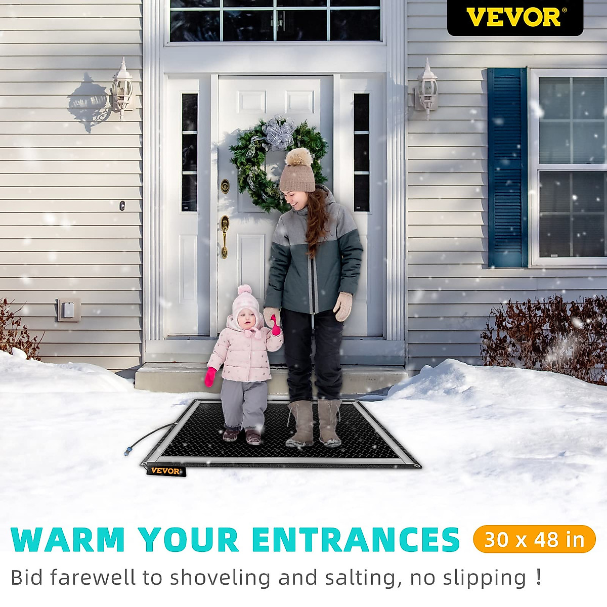 VEVOR Snow 30 x 48 inch, 3 in/h Melting Speed, Heated Outdoor Mats for Winter Entrances, No-Slip Rubber w/Plug, Power Cord, Outlet Timer, Reflective Strip, Velcro, Ground Stake, Black