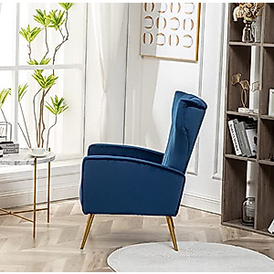 Container Furniture Direct Armchair Modern Velvet Accent Chair, Channel Tufted Bedroom, Office or Living Room Furniture with Elegant Metal Legs, Blue