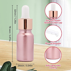 6 Pcs,10ml Coated Pink Glass Essential Oil Dropper Bottle,Empty Thick Glass Perfume Diffuser Vials With Glass Pipette&Rose-Gold Lid Travel Liquid Holder,Ray Protection Container-FREE 2 Funnel