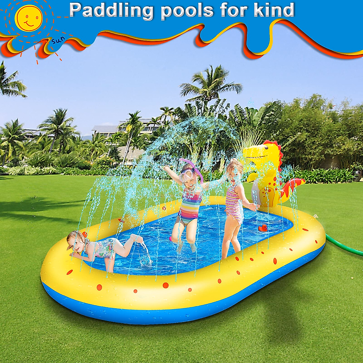 LQTTEK Inflatable Sprinkler Pool for Kids, Cute Dinosaur Kiddie Pool, 3-in-1 Backyard Splash Pad Swimming Outdoor Water Toys for Toddlers