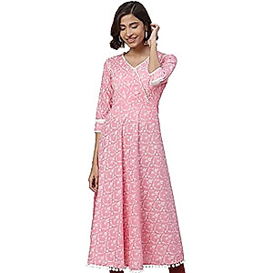 Yash Gallery Women's Cotton Floral Print Anarkali Kurtis (Light Pink)