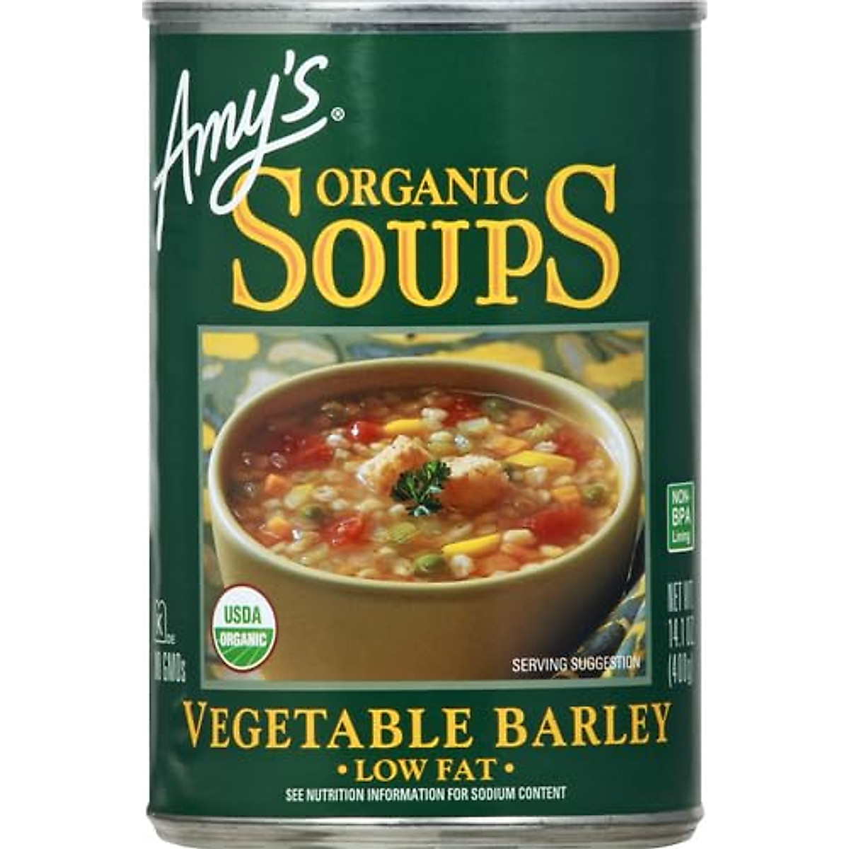 Amy’s Soup, Vegan Vegetable Barley Soup, Low Fat, Made With Organic Tomatoes, Carrots and Celery, Canned Soup, 14.1 Oz
