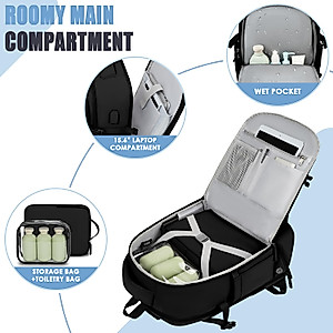 ZOMFELT Travel Backpack for Women Men,Carry On Backpack Airline Approved with Shoes Compartment, 15.6 Inch Laptop Backpack with USB Port,Waterproof Hiking Backpack Casual Daypack for College, Black