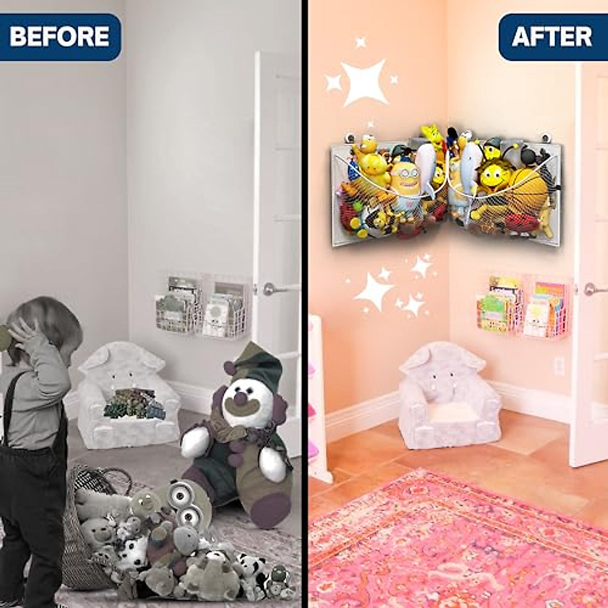 Stuffed Animal Storage Ideas, Stuffy Storage, Stuffed Animal net or Hammock, Kids Wall Corner Stuffed Animals Toy Hammock , Holder, Bear Organizer, Basket, Stuff, Zoo, Hardware Included (White)