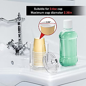 EOFJRUC Cup Dispenser for Bathroom 4 Pack, Qtip Holder for Cotton Ball Swab, Cotton Round Pads, Floss, Fit for 3-4 oz Cup for Bathroom Canister Storage Organization, Vanity Makeup Organizer-Clear