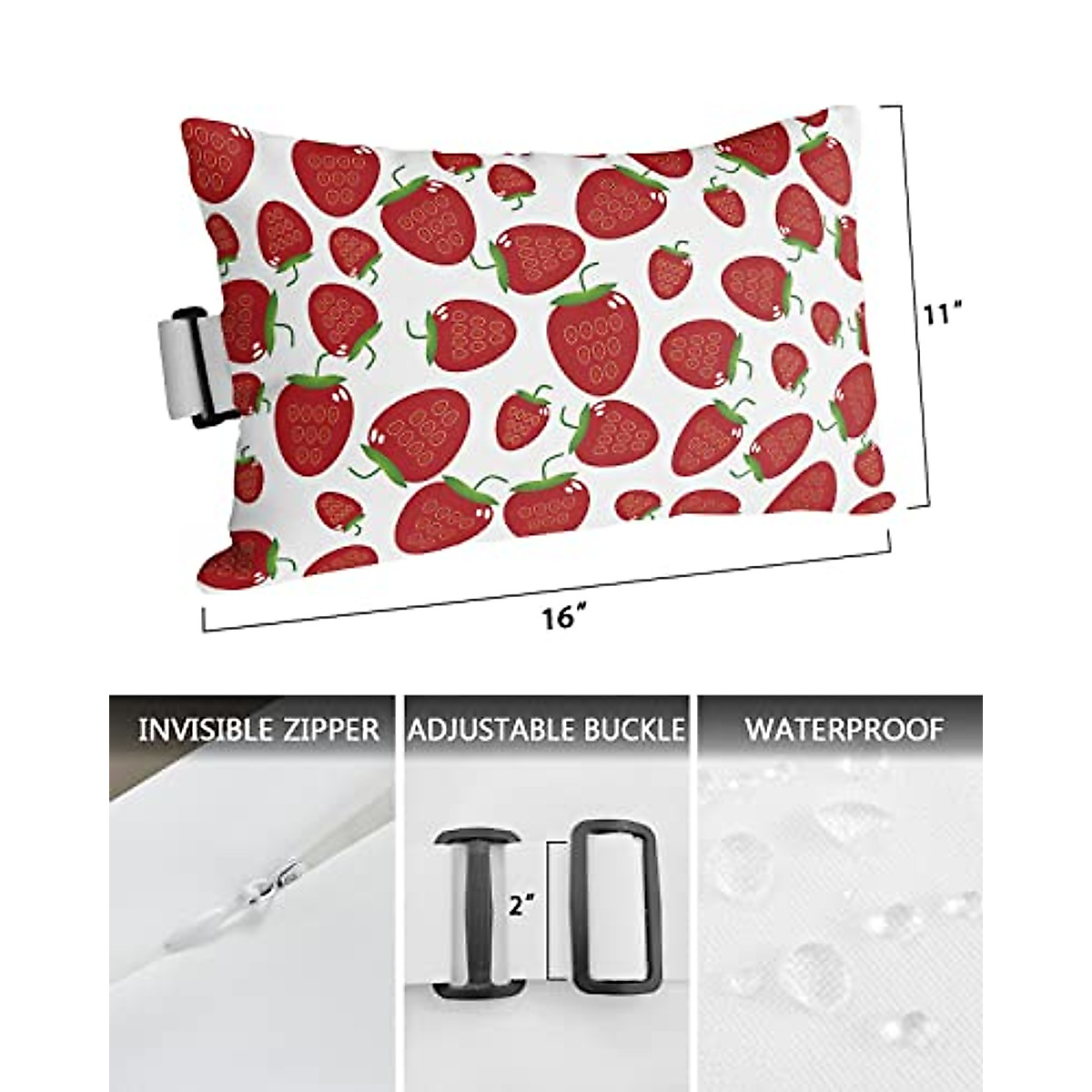 Recliner Head Pillow Ledge Loungers Chair Pillows with Insert Strawberry Pattern Lumbar Pillow with Adjustable Strap Outdoor Waterproof Patio Pillows for Couch Beach Pool Office Chair, 2 PCS