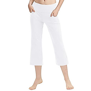 Zeronic Women's Yoga Capri Pants with Pockets Flare Workout Lounge Bootleg Leggings Bootcut Crop Exercise Pants(White,XX-Large)