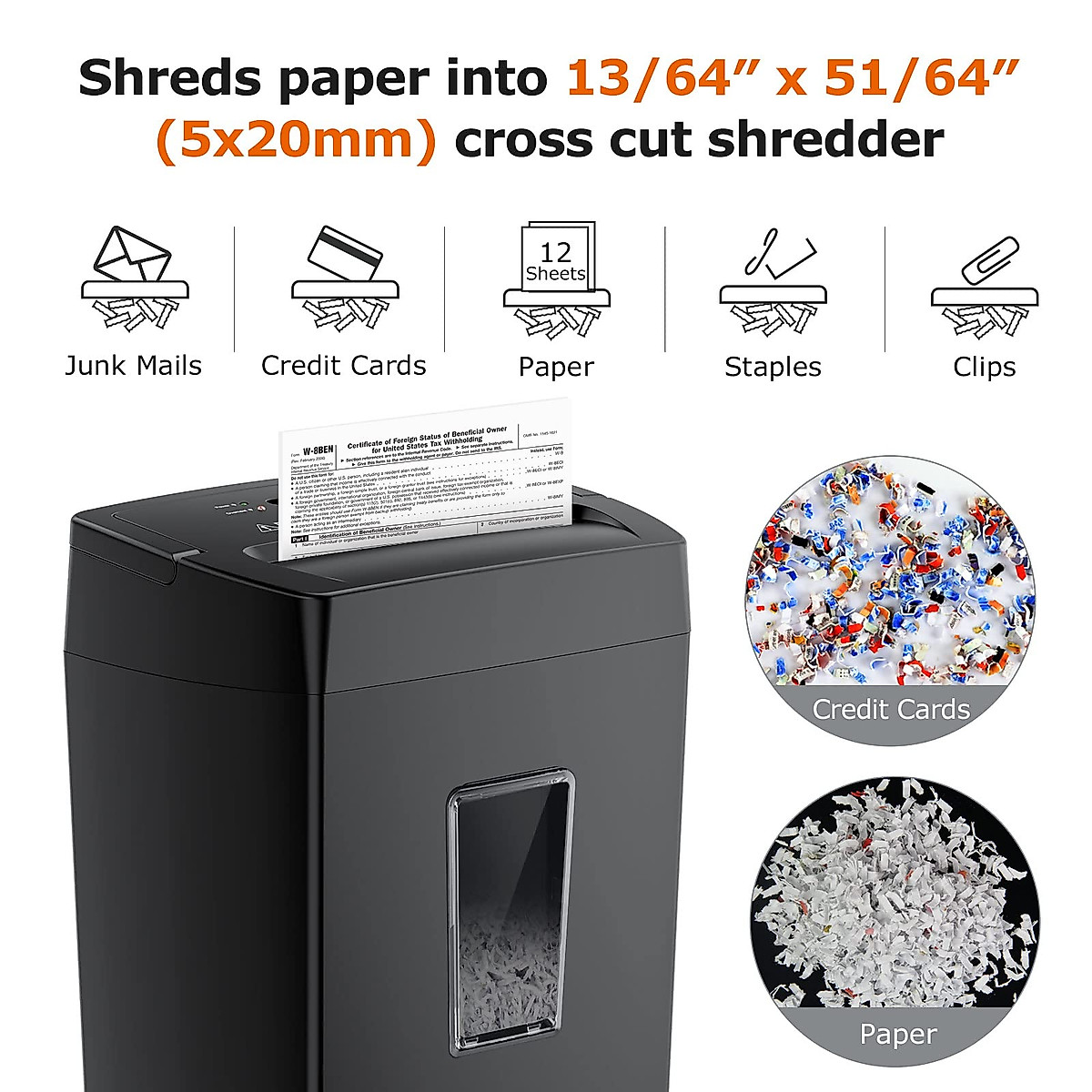 Bonsaii 12-Sheet Cross Cut Paper Shredder, 10-Minute 5.5 Gal Home Office Heavy Duty Shredder for Paper, Credit Card, Mails, Staples, with Transparent Window, High Security Level P-4 (C275-A)