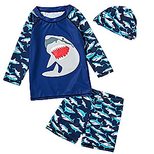 Baby Toddler Boys Two Pieces Swimsuit Set Long Sleeve Shark Bathing Suit Rash Guards Swimwear with Hat UPF 50+ (Navy Shark, 9 Months, 9_months)