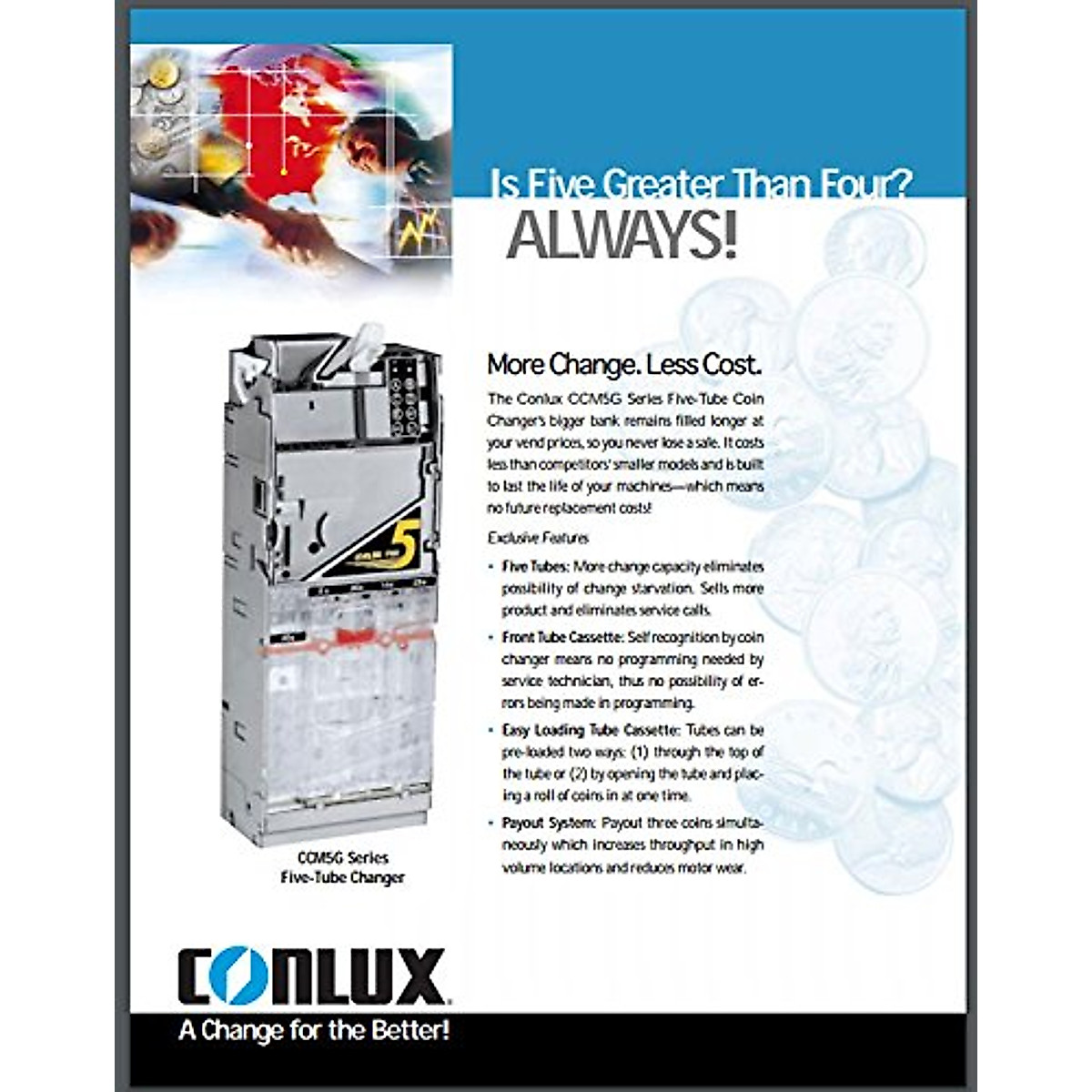 Conlux CCM5G MDB 5 Tube Coin Mech, 5,10,25,25,$1 Configuration