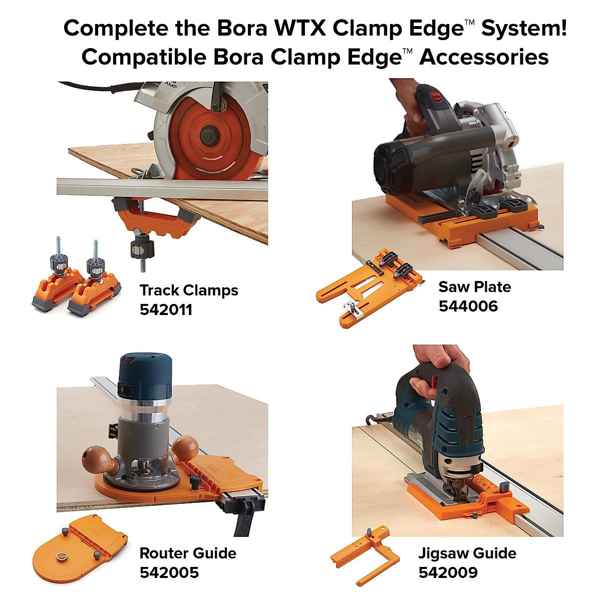 BORA Track Clamps, Securely Cut Any Angle with WTX and NGX Clamp Edge Systems, Saw Guide Accessory for Woodworking, Carpentry, DIY, Two-Pack, 542011