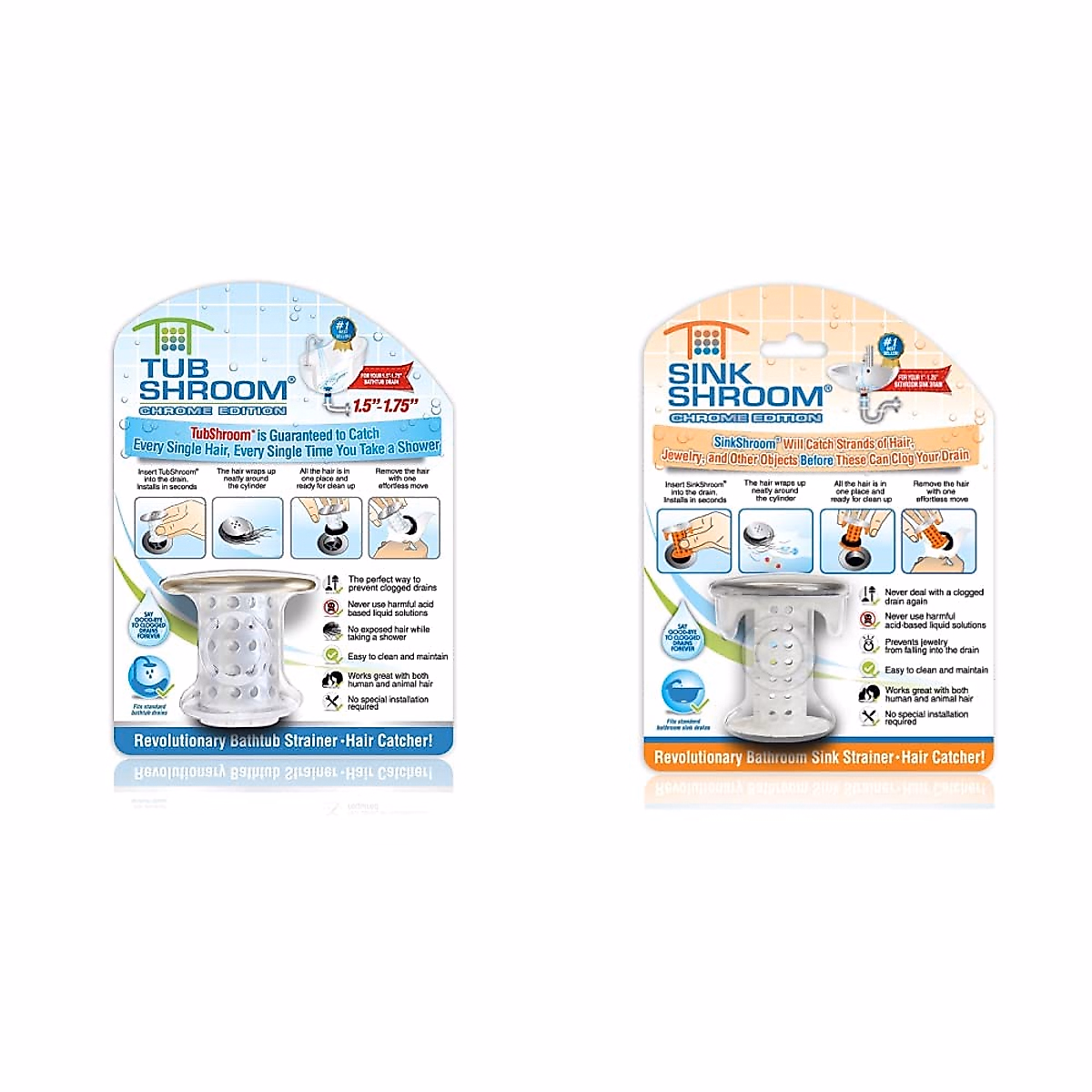 TubShroom Tub Drain Hair Catcher, Chrome & SinkShroom Revolutionary Bathroom Sink Drain Protector Hair Catcher, Strainer, Snare, Sinkshroom Chrome Edition, 1" -1.4"