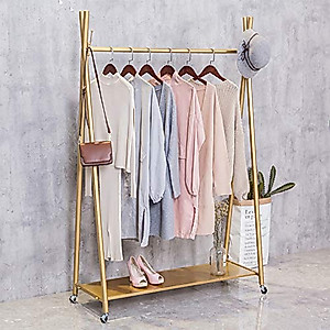 FURVOKIA Modern Simple Heavy Duty Metal X Type Rolling Garment Rack with Wheel,Retail Display Clothing Rack, Floor-Standing Shoes Bags Clothes Organizer Storage Shelves (Gold, 47.2" L)