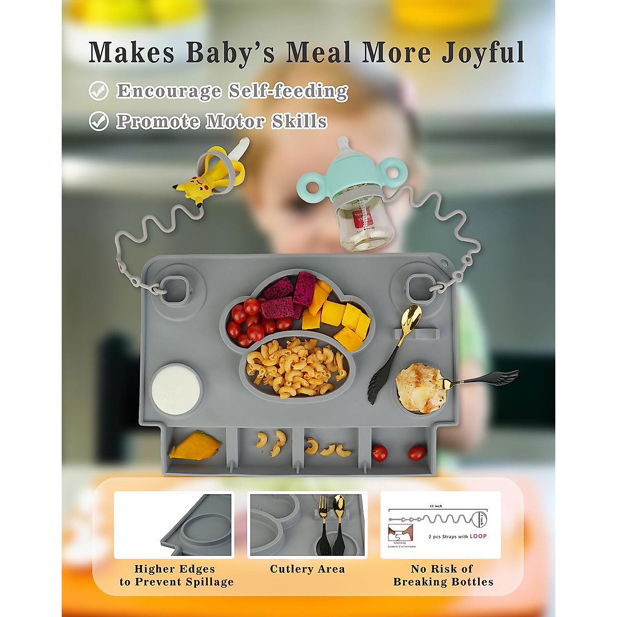 Silicone Placemats for Toddlers, Hitseon Reusable Food Grade Silicone Toddler Placemat with Suction Cups for Kids, Folding Baby Food Mat with 2 Straps for Home Travel, Dishwasher Safe (Gray)