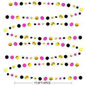 46 Ft Black Hot Pink and Gold Circle Dots Garland Hanging Paper Polka Dots Streamer for Birthday Bachelorette Engagement Wedding Baby Bridal Shower Anniversary Minnie Theme Party Decorations Supplies