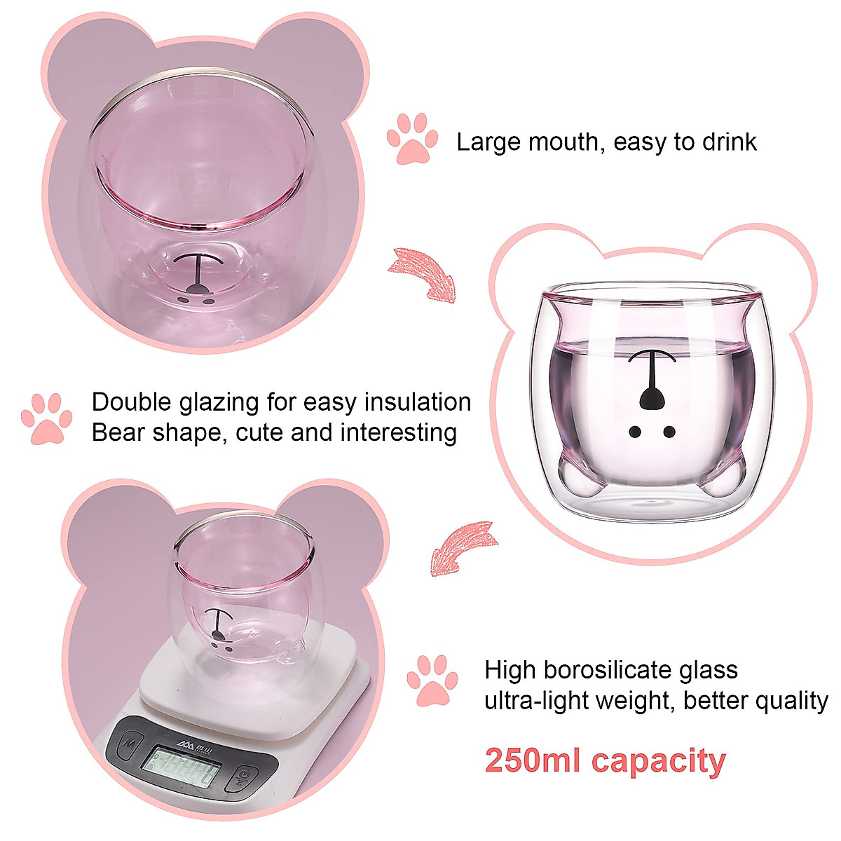 2 Pieces Cute Bear Mugs Insulated Double Wall Glass Bear Cups Animal Tea Milk Juice Chocolate Cappuccino Cups Home Glass Bear Cups Glass Mugs for Valentine's Day to lover (White, Pink)
